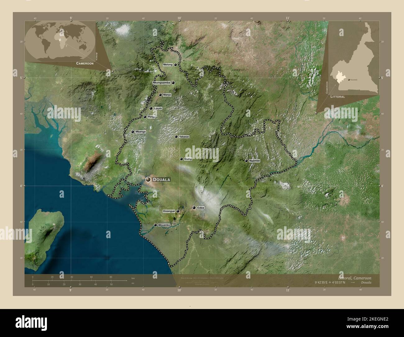 Littoral, region of Cameroon. High resolution satellite map. Locations ...