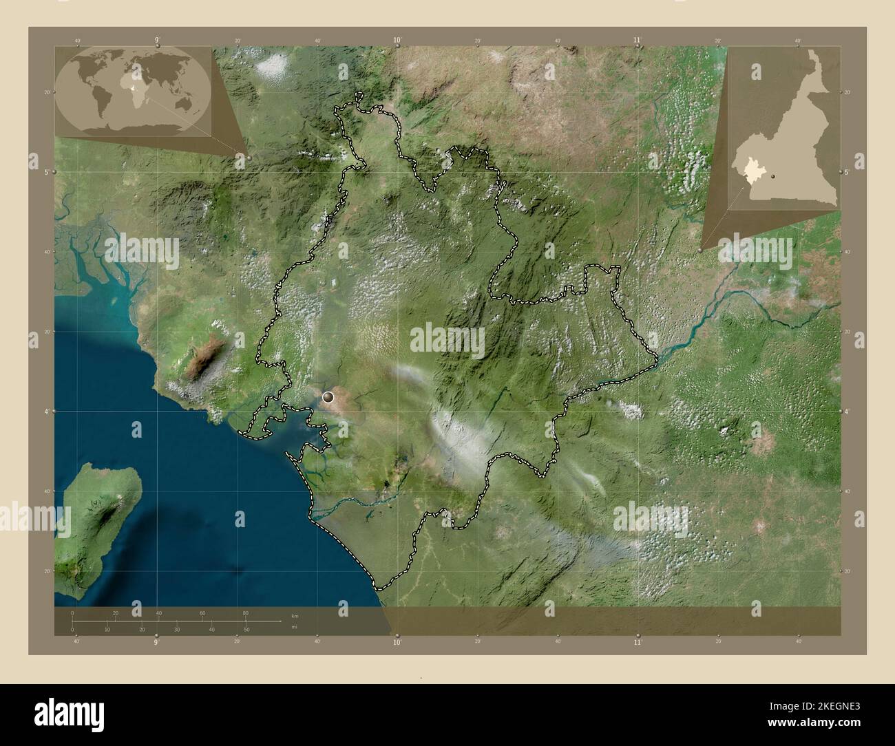 Littoral, region of Cameroon. High resolution satellite map. Corner ...