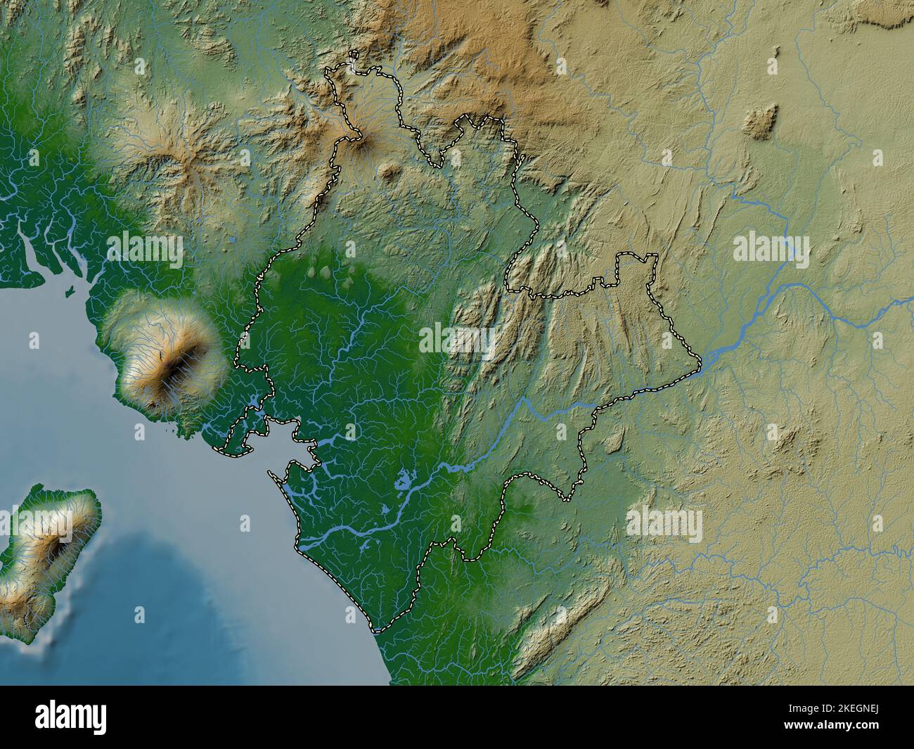 Littoral, region of Cameroon. Colored elevation map with lakes and ...