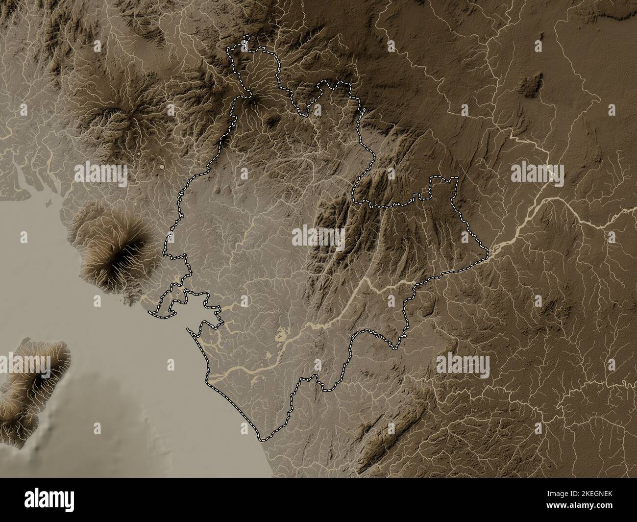 Littoral, region of Cameroon. Elevation map colored in sepia tones with ...