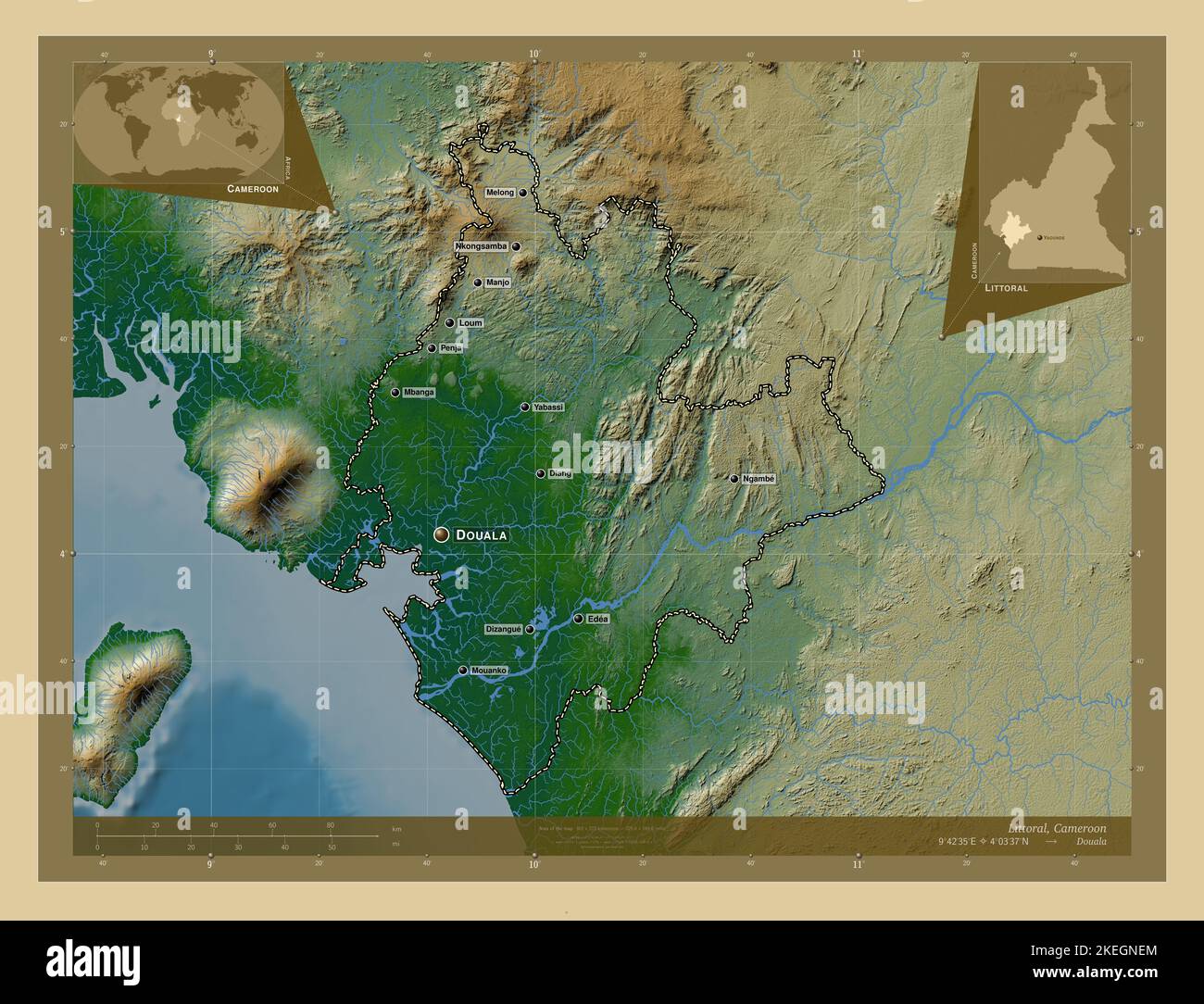 Littoral, region of Cameroon. Colored elevation map with lakes and ...
