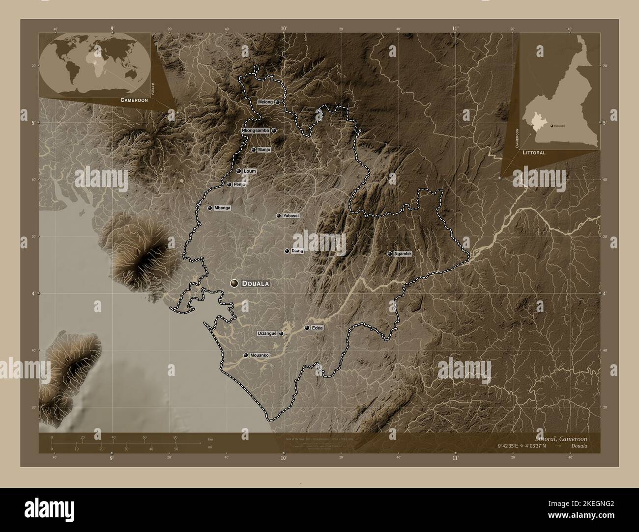Littoral, region of Cameroon. Elevation map colored in sepia tones with ...
