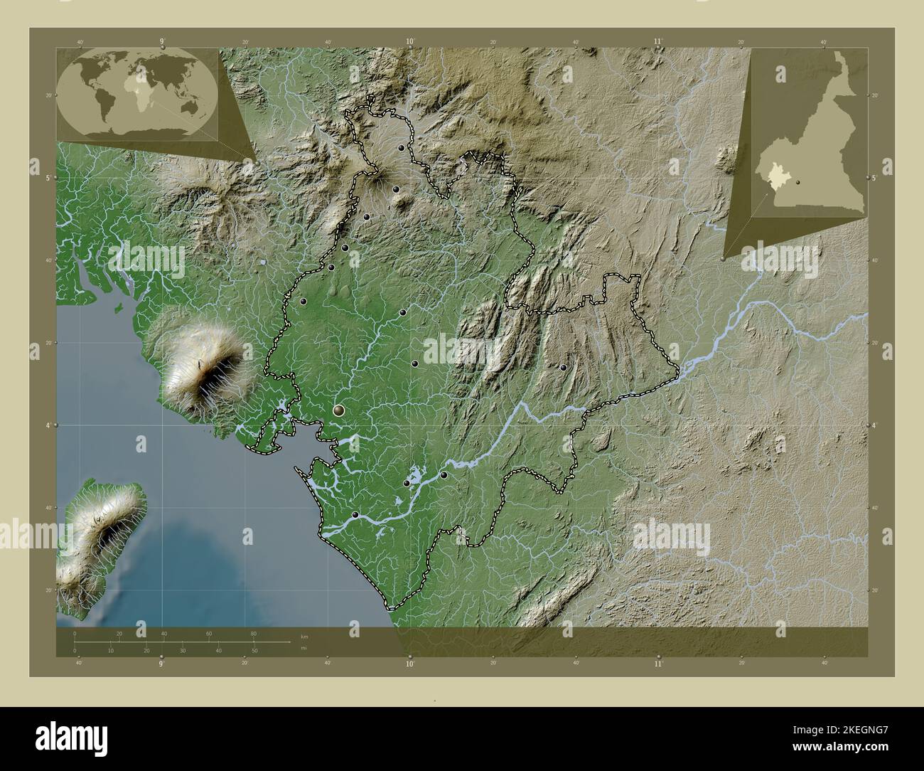 Littoral, region of Cameroon. Elevation map colored in wiki style with ...