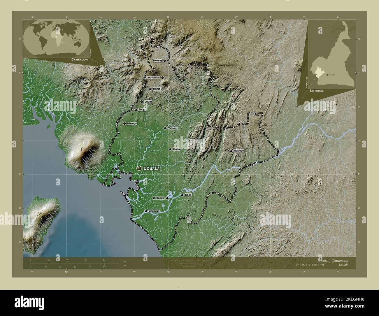Littoral, region of Cameroon. Elevation map colored in wiki style with ...
