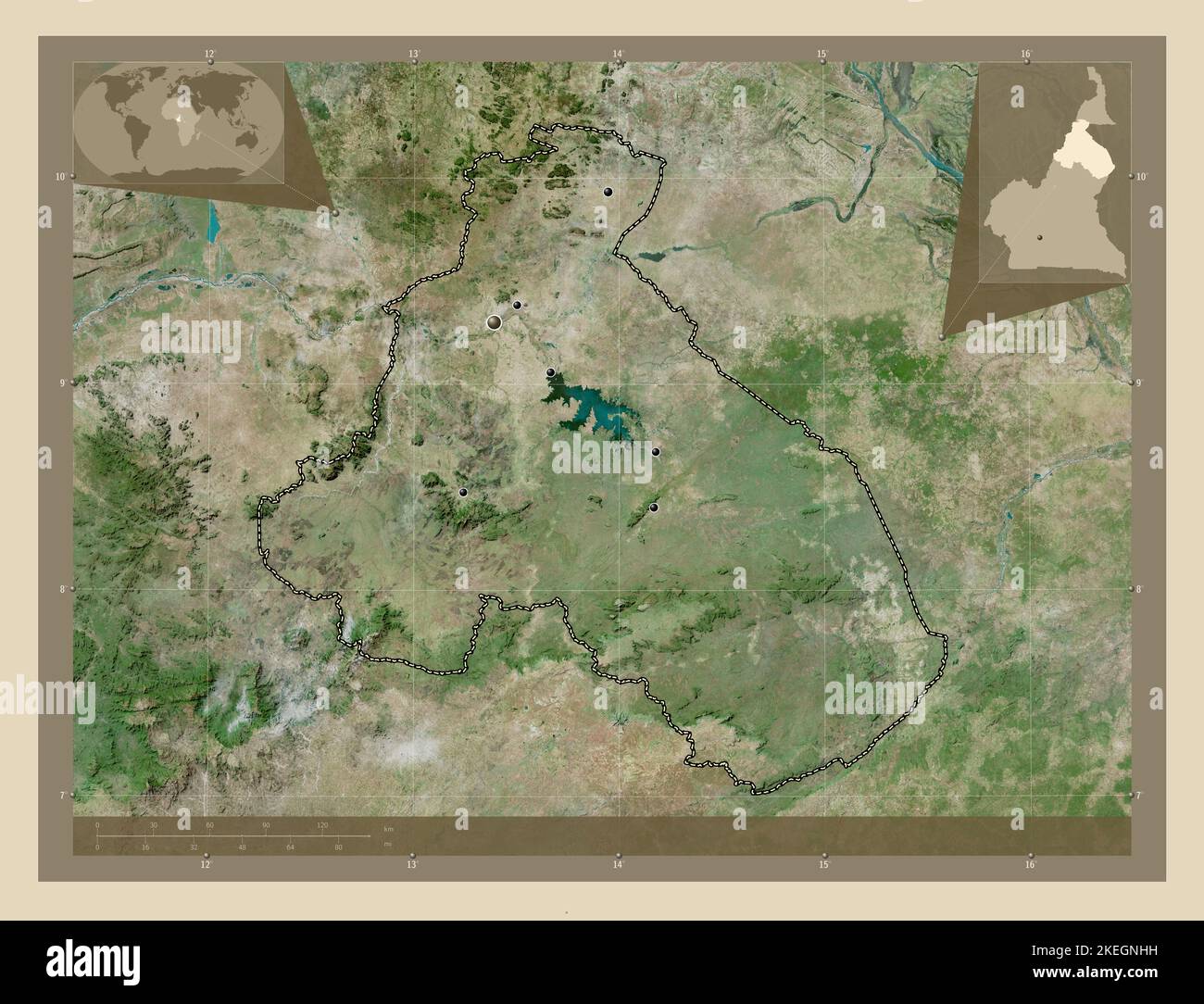 Nord, region of Cameroon. High resolution satellite map. Locations of ...
