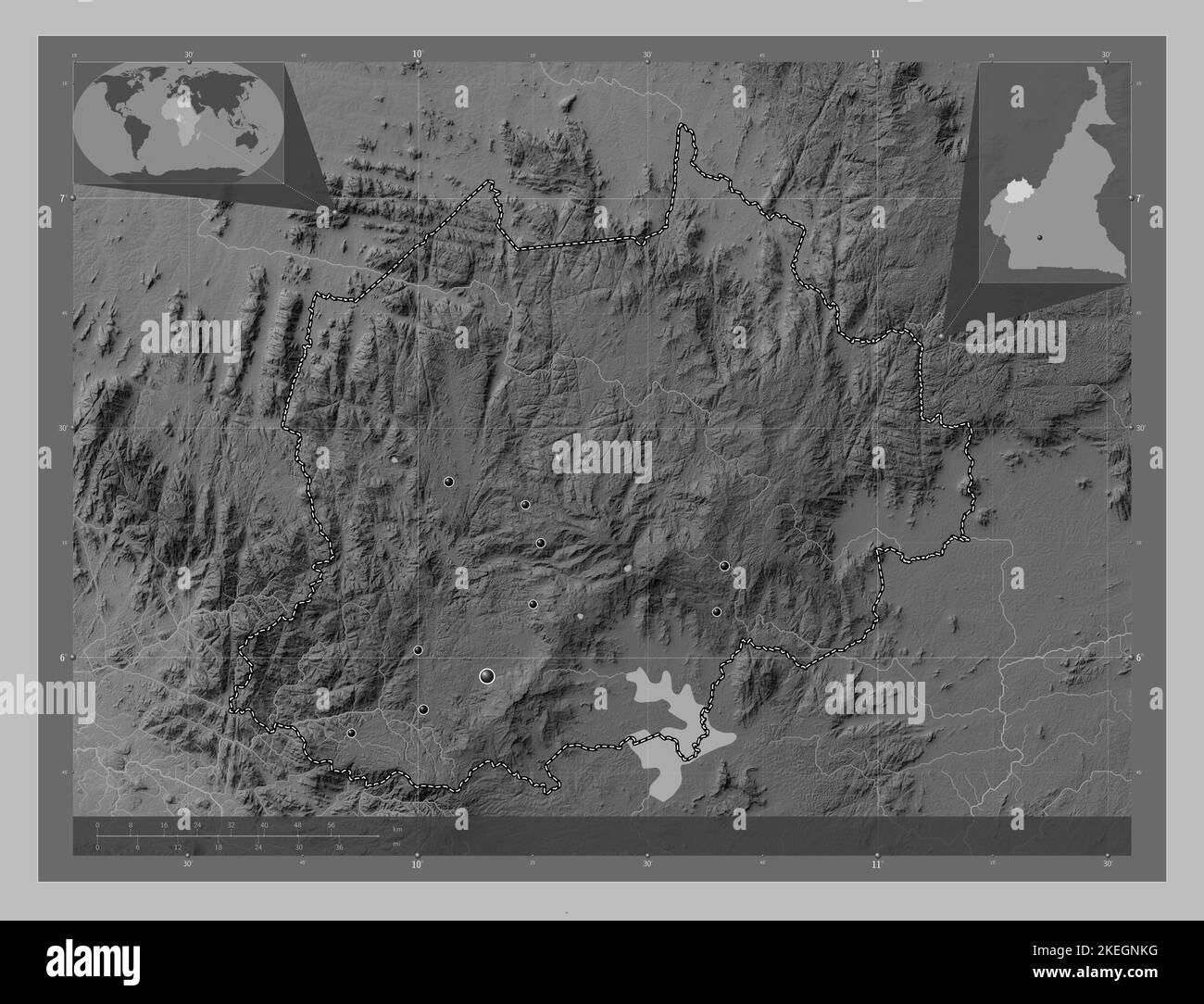 Nord-Ouest, region of Cameroon. Grayscale elevation map with lakes and ...
