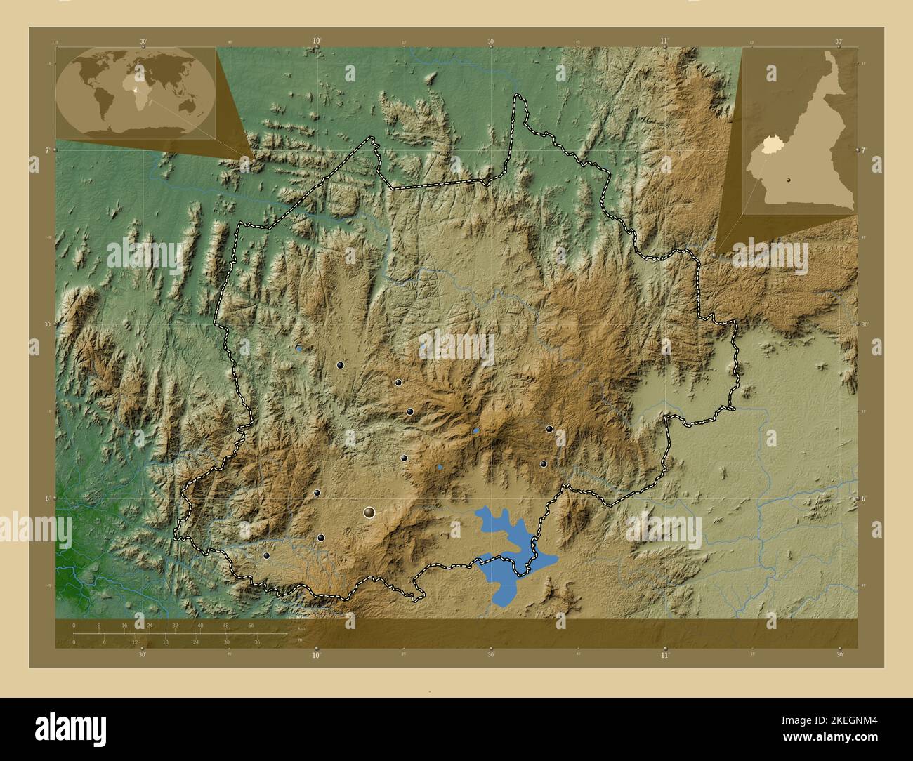 Nord-Ouest, region of Cameroon. Colored elevation map with lakes and ...
