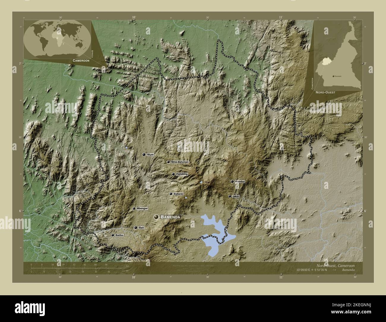 Nord-Ouest, region of Cameroon. Elevation map colored in wiki style ...