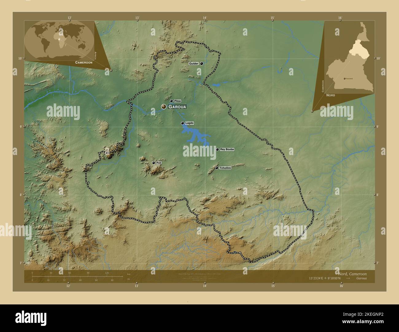 Nord, region of Cameroon. Colored elevation map with lakes and rivers ...