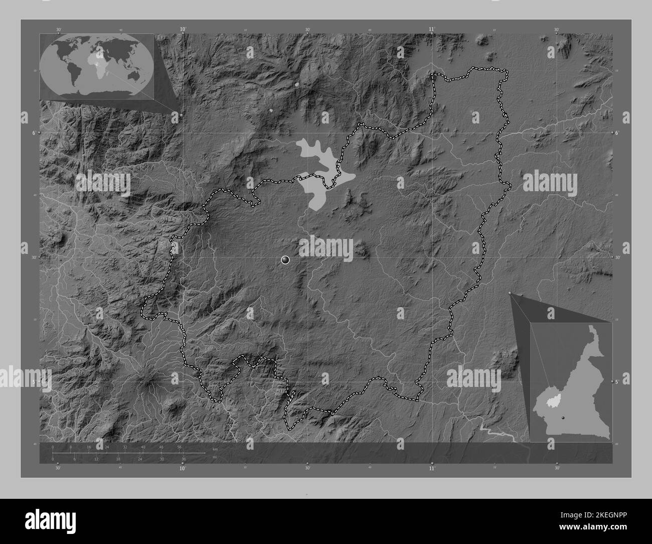 Ouest, region of Cameroon. Grayscale elevation map with lakes and rivers. Corner auxiliary ...