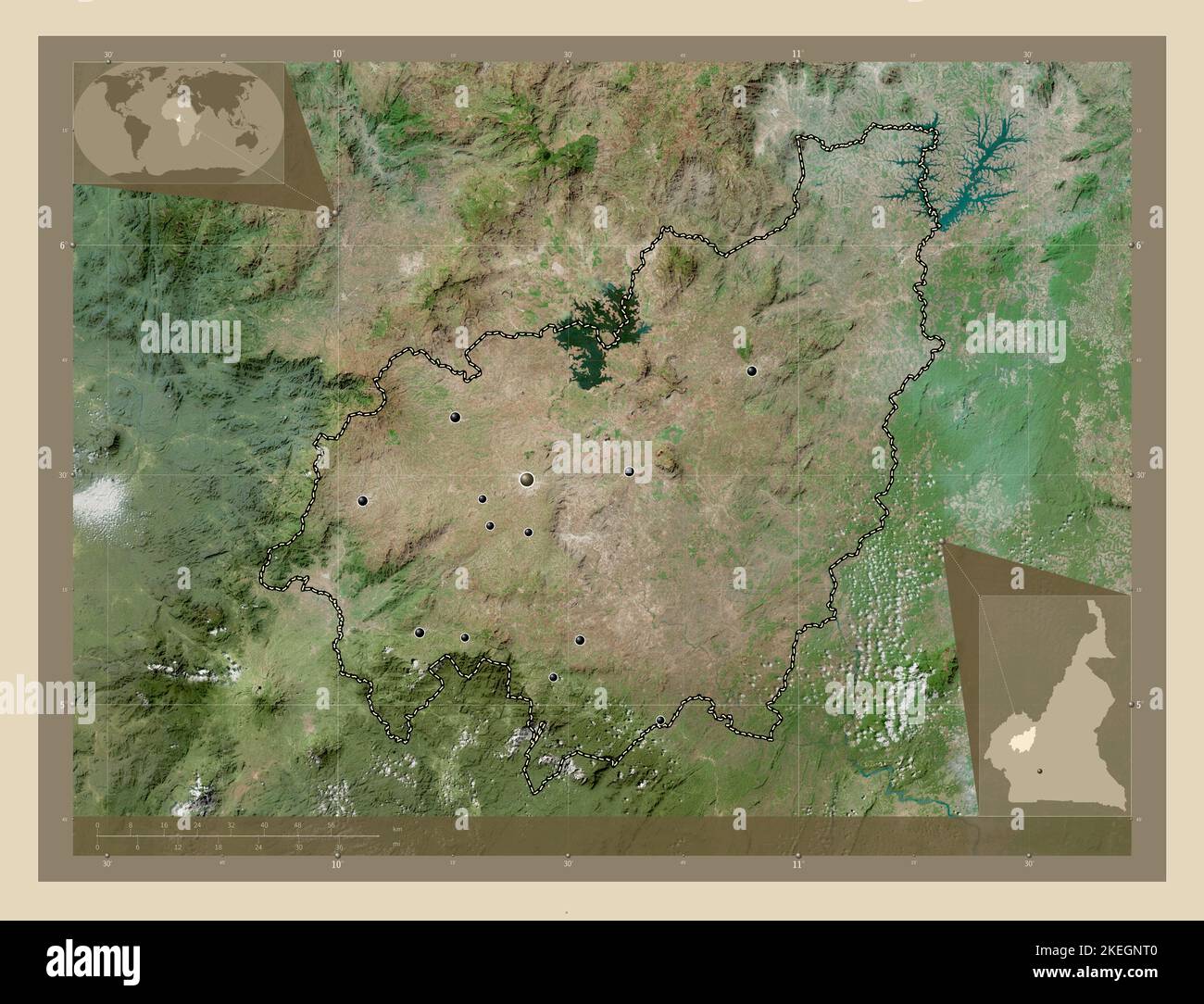 Ouest, region of Cameroon. High resolution satellite map. Locations of ...