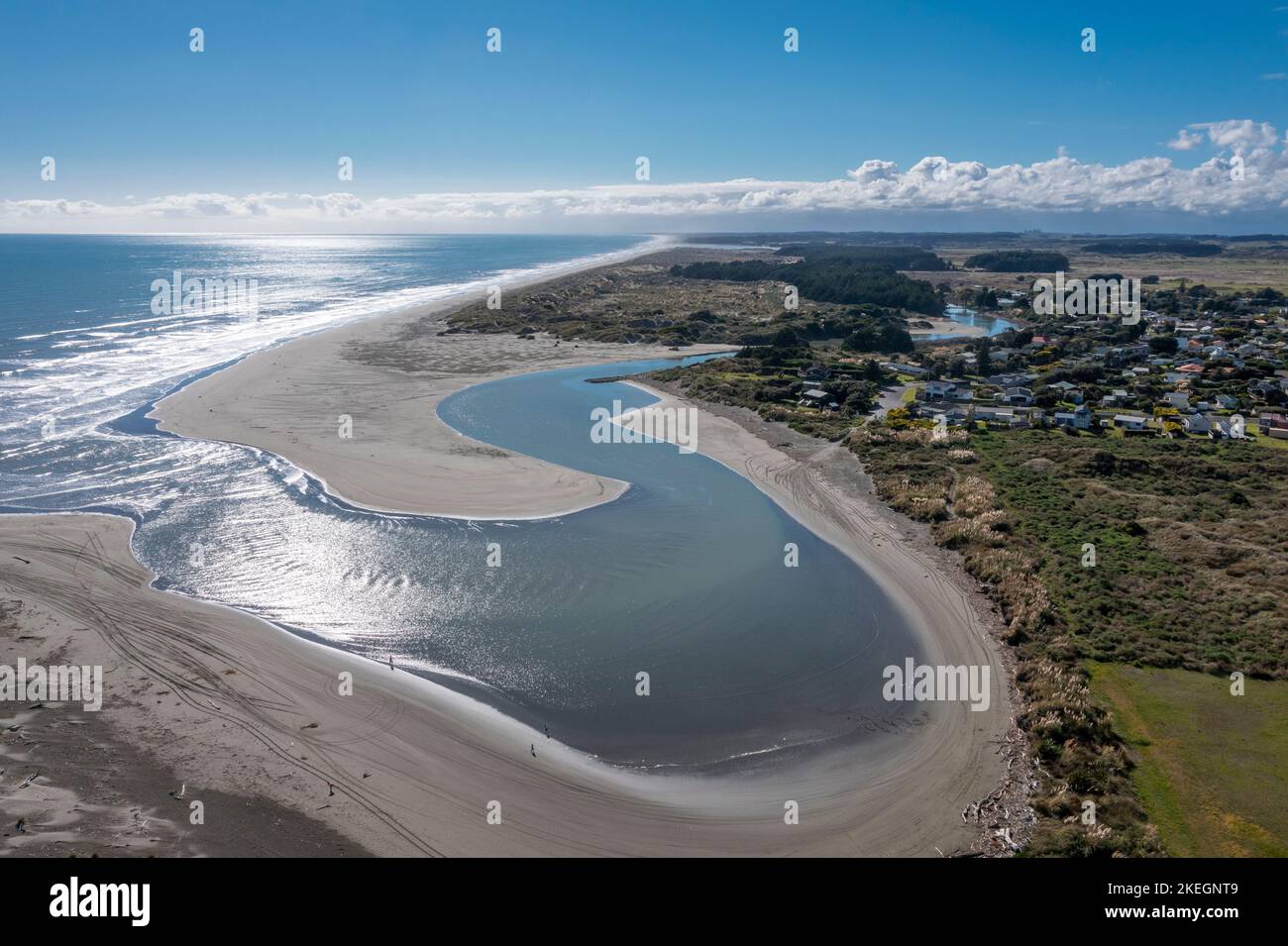 An aerial view of the small town of Waikawa Beach on the Kapiti Coast ...