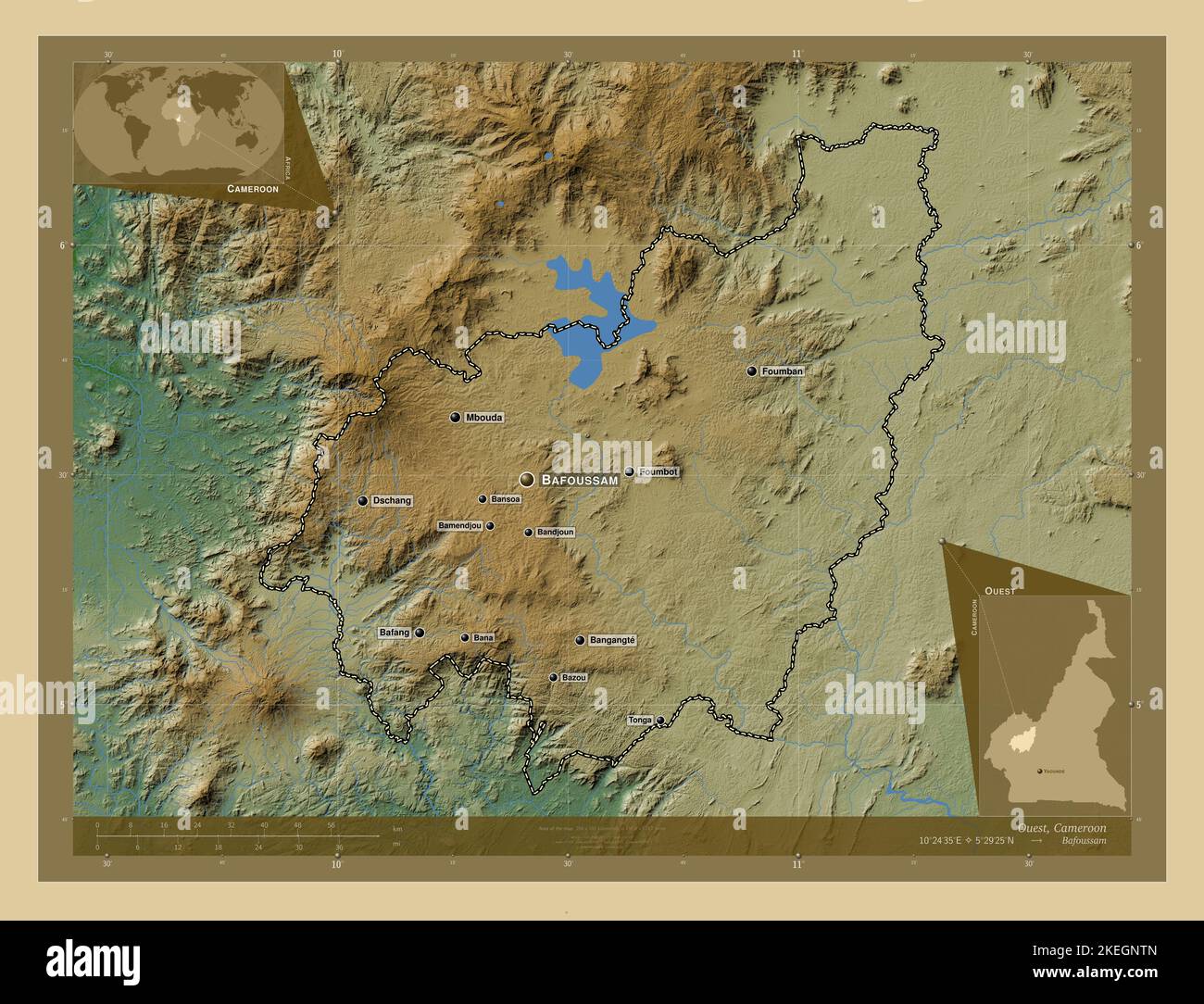 Ouest, region of Cameroon. Colored elevation map with lakes and rivers ...