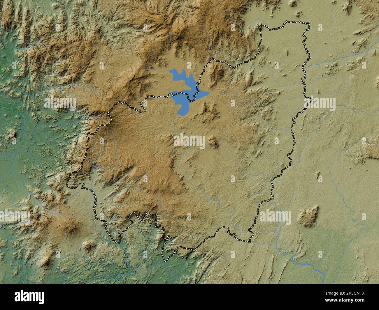 Ouest, region of Cameroon. Colored elevation map with lakes and rivers ...
