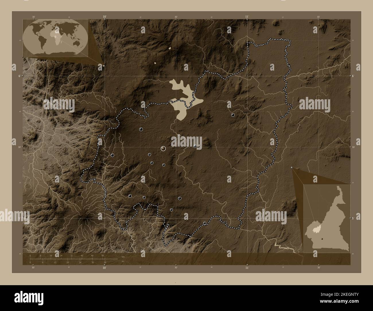 Ouest, region of Cameroon. Elevation map colored in sepia tones with ...