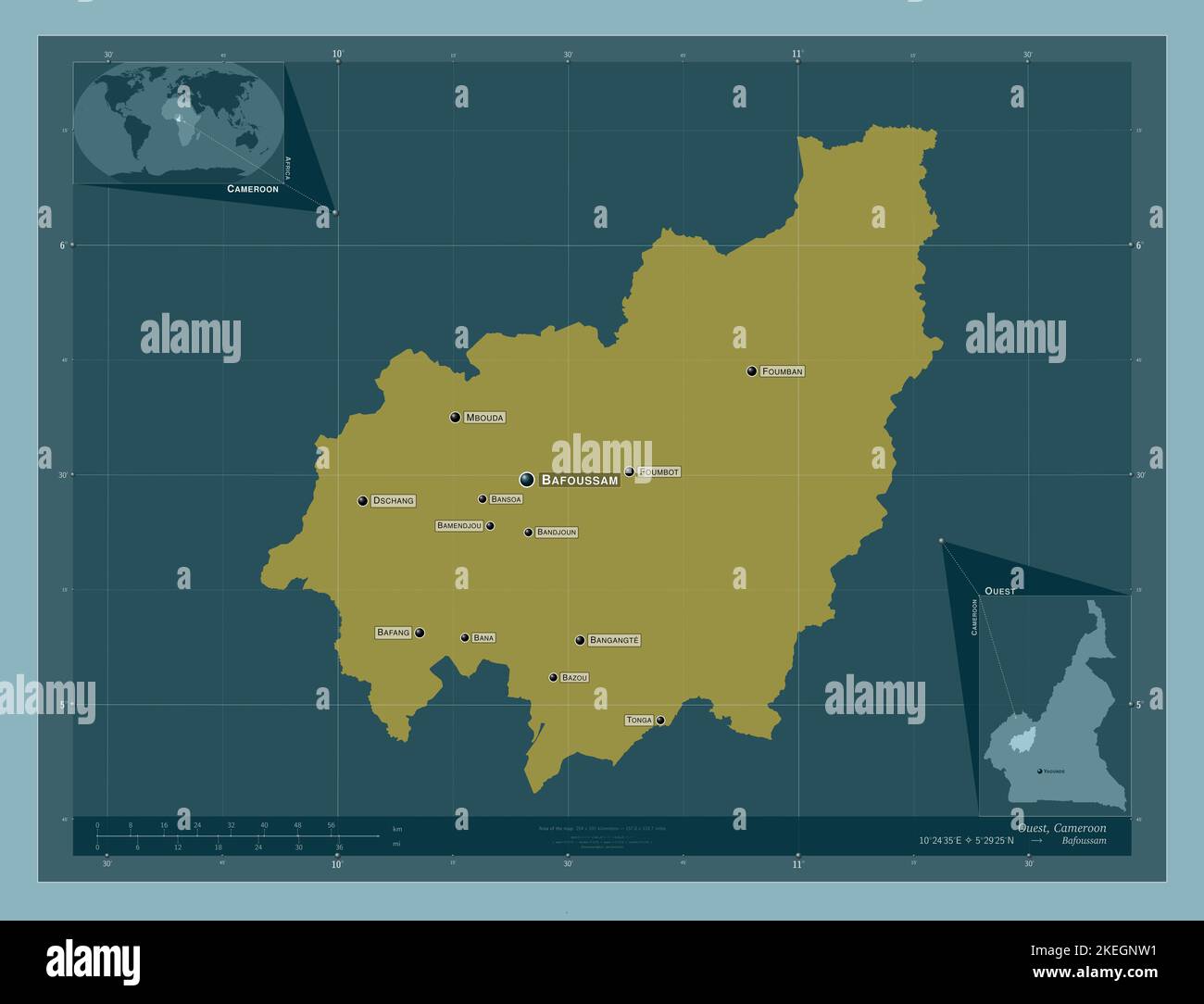 Ouest, region of Cameroon. Solid color shape. Locations and names of ...