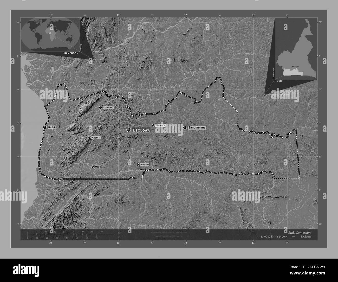 Sud, region of Cameroon. Bilevel elevation map with lakes and rivers ...