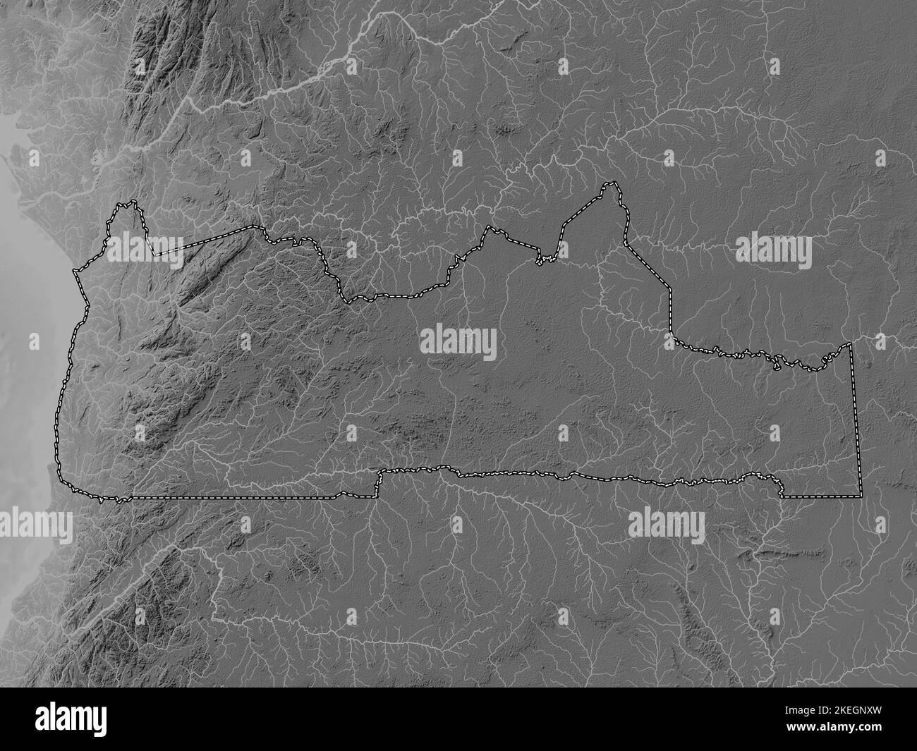 Sud, region of Cameroon. Grayscale elevation map with lakes and rivers ...