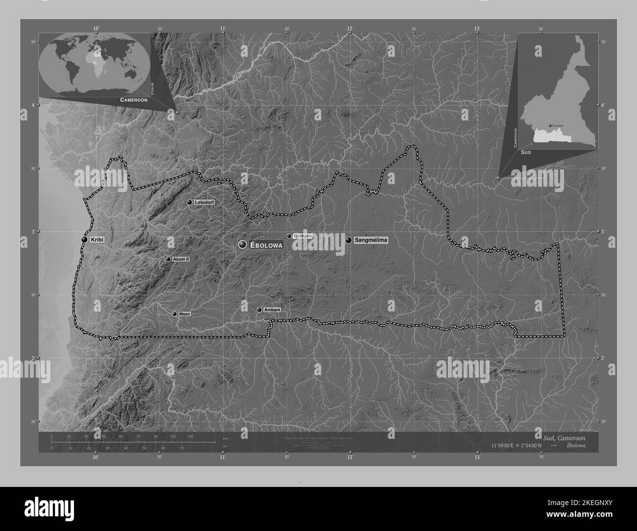 Sud, region of Cameroon. Grayscale elevation map with lakes and rivers ...
