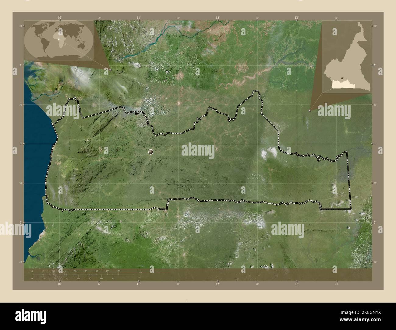 Sud, region of Cameroon. High resolution satellite map. Corner ...