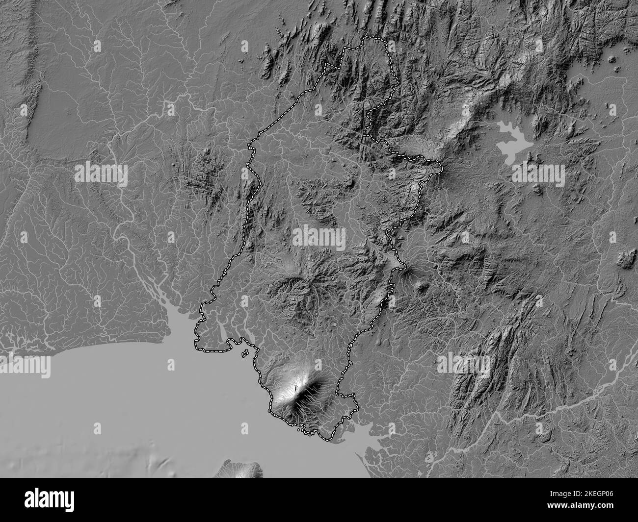 Sud-Ouest, region of Cameroon. Bilevel elevation map with lakes and ...