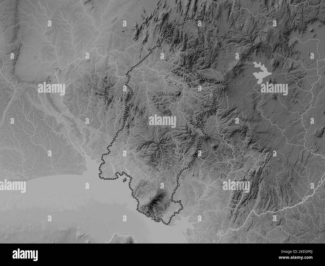 Sud-Ouest, region of Cameroon. Grayscale elevation map with lakes and ...