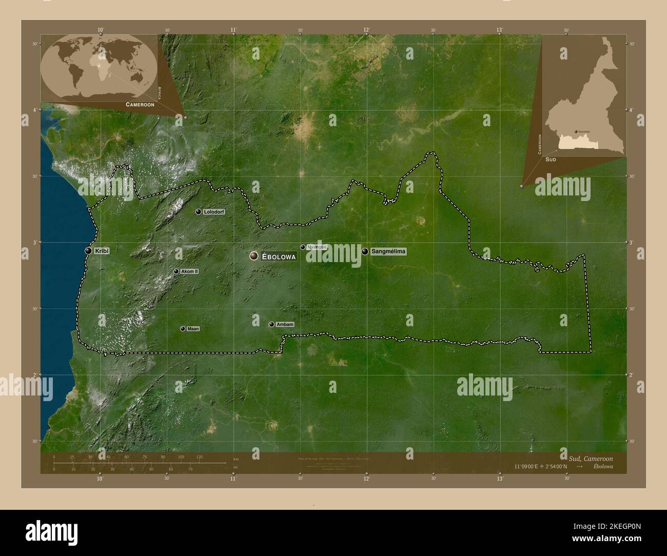 Sud, region of Cameroon. Low resolution satellite map. Locations and ...