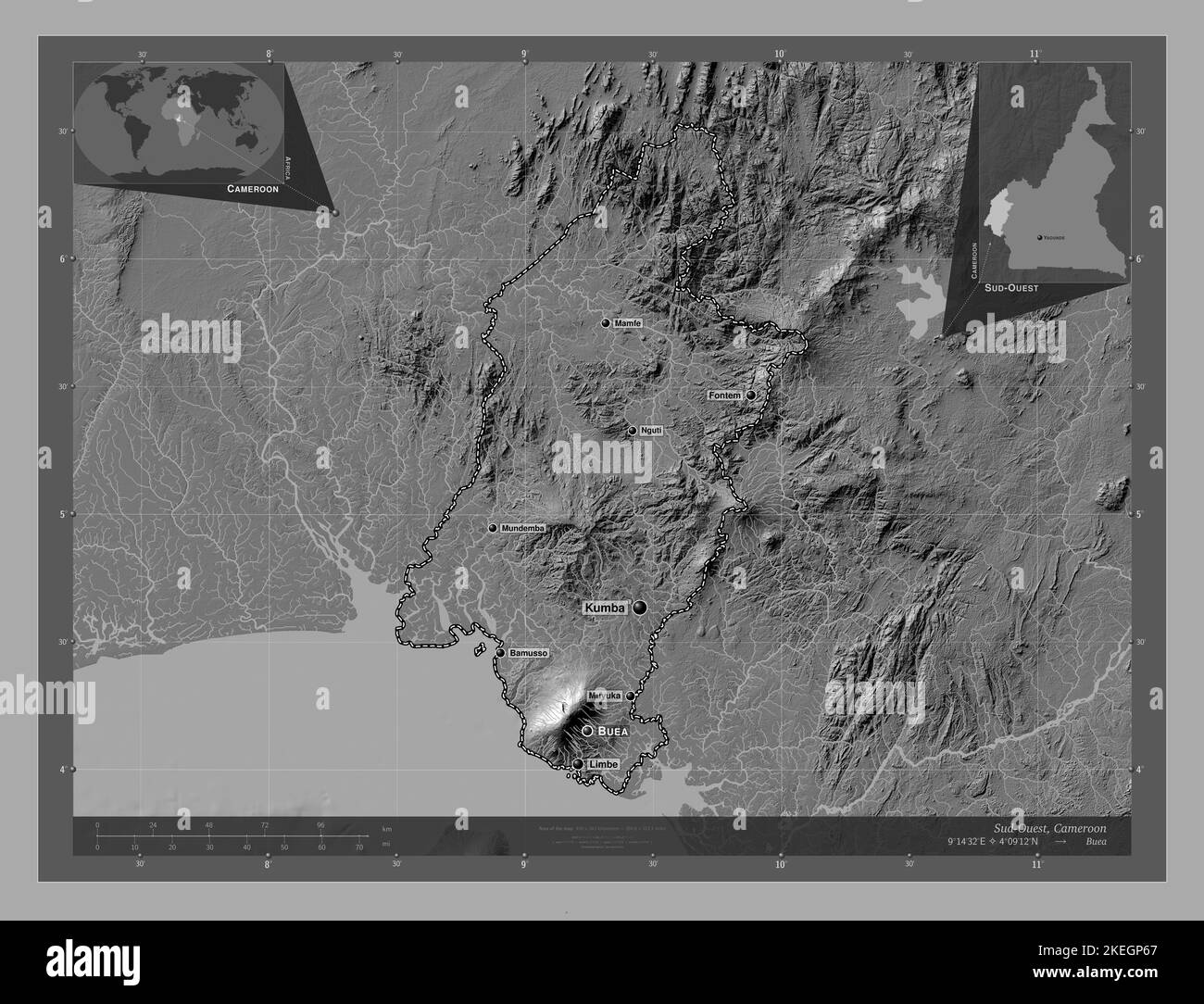 Sud-Ouest, region of Cameroon. Bilevel elevation map with lakes and ...