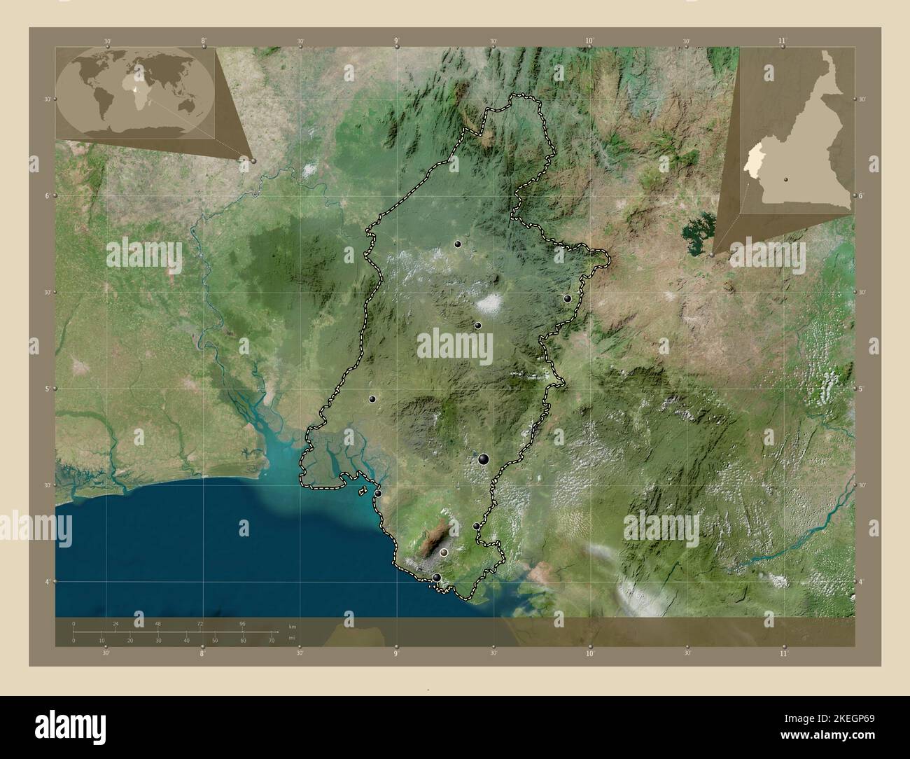 Sud-Ouest, region of Cameroon. High resolution satellite map. Locations ...