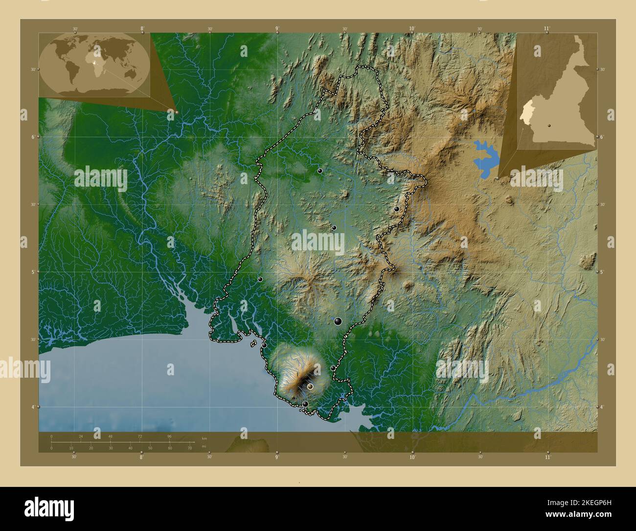 Sud-Ouest, region of Cameroon. Colored elevation map with lakes and ...