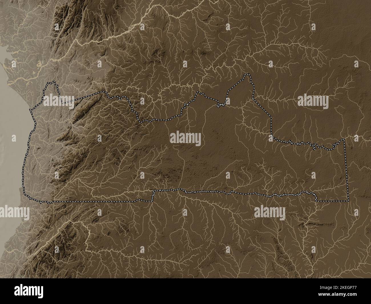 Sud, region of Cameroon. Elevation map colored in sepia tones with ...
