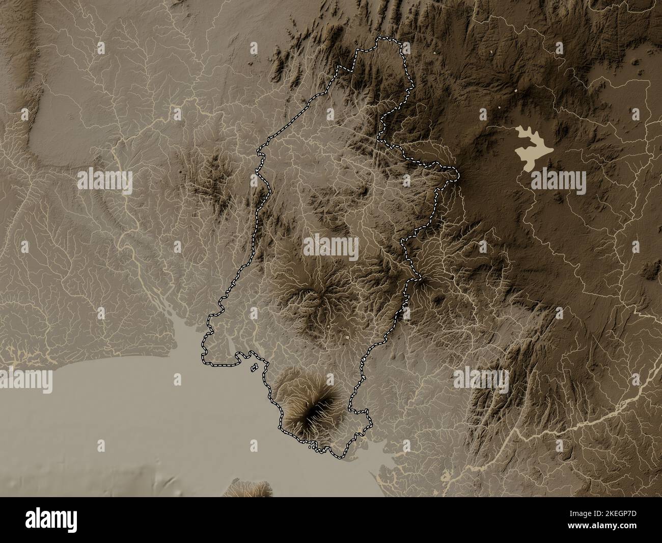 Sud-Ouest, region of Cameroon. Elevation map colored in sepia tones ...