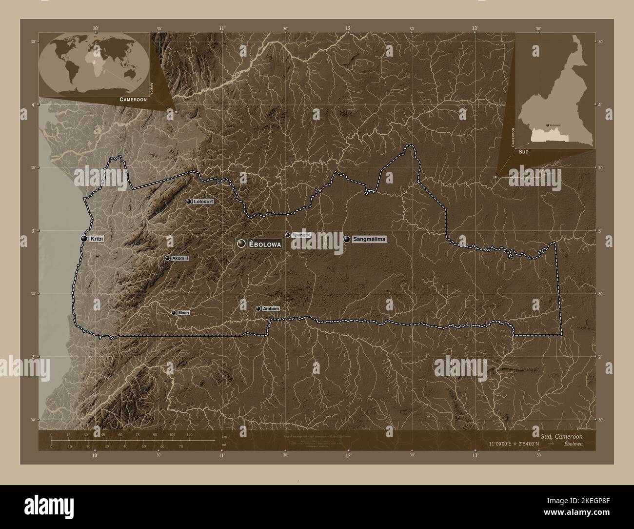 Sud, region of Cameroon. Elevation map colored in sepia tones with ...