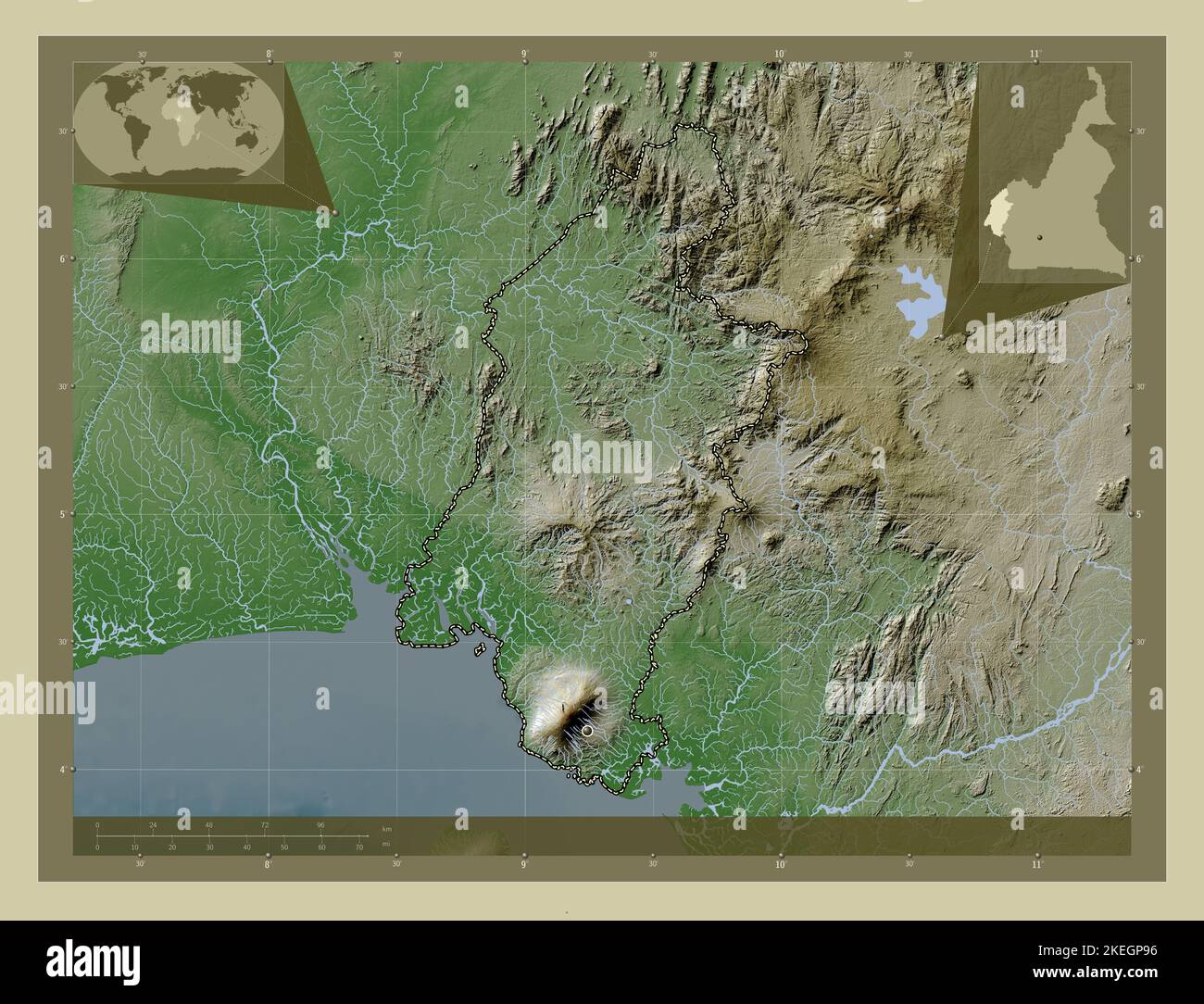 Sud-Ouest, region of Cameroon. Elevation map colored in wiki style with ...