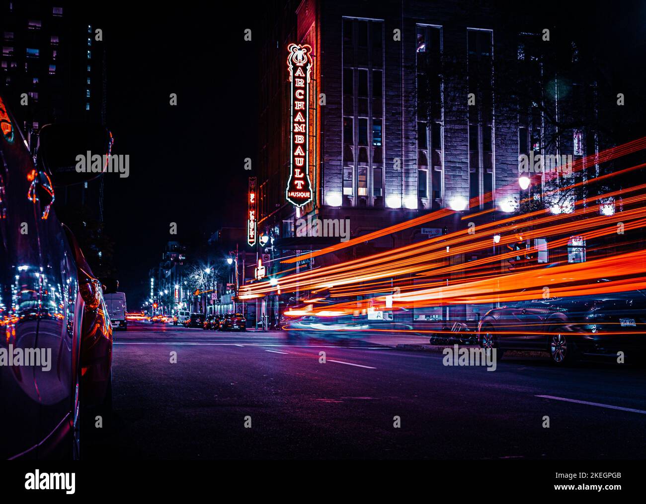 The Traffic light night street light trail. Montreal, Canada Stock ...