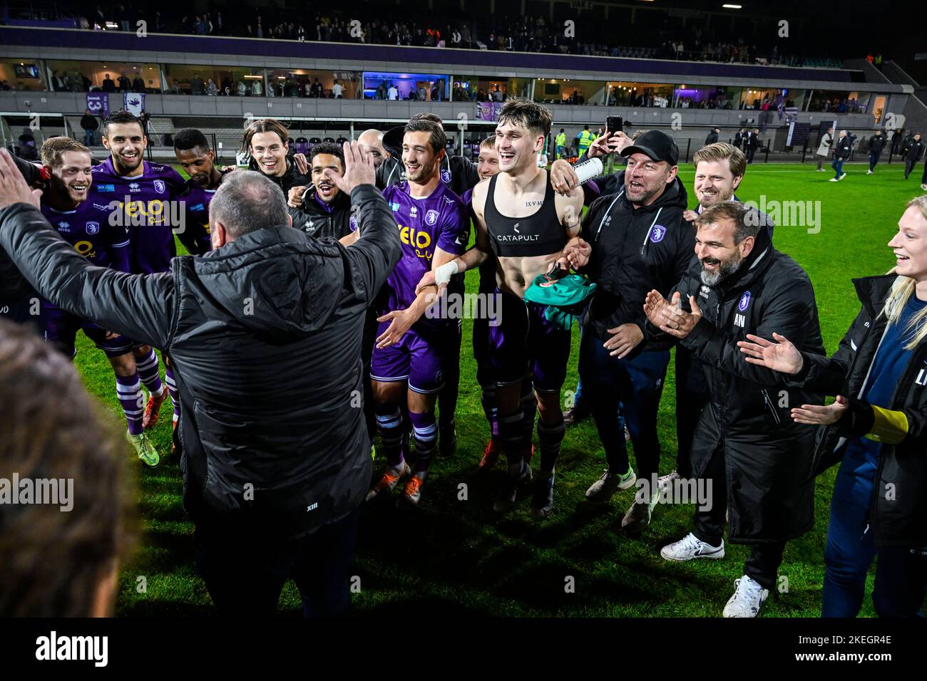 Beerschot VA celebrates after winning a soccer match between K ...