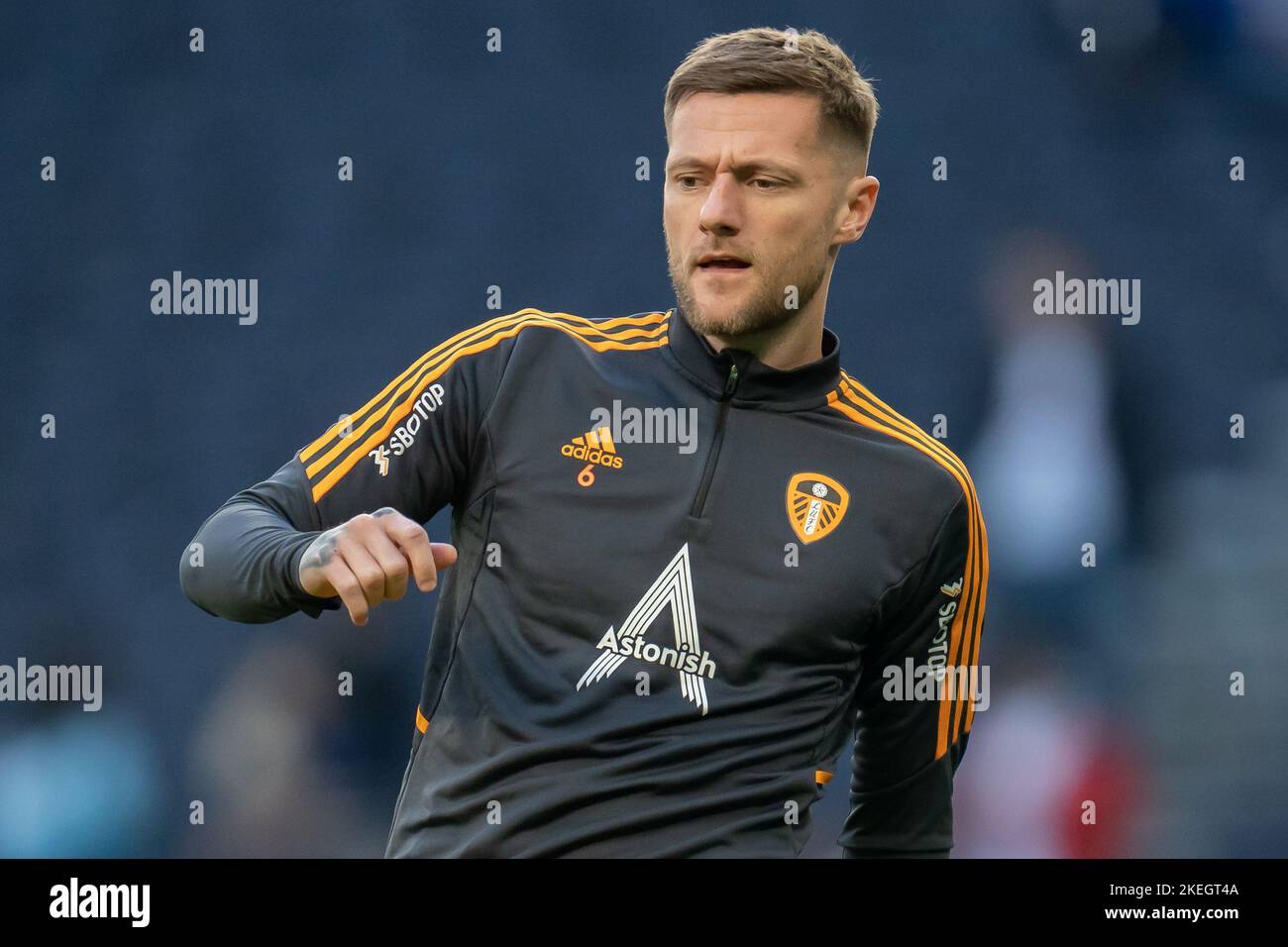 Liam Cooper #6 of Leeds United warming up prior to the Premier League ...