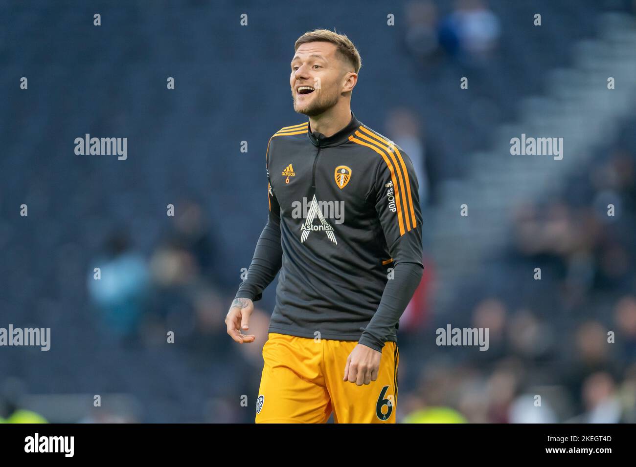Liam Cooper #6 of Leeds United warming up prior to the Premier League ...