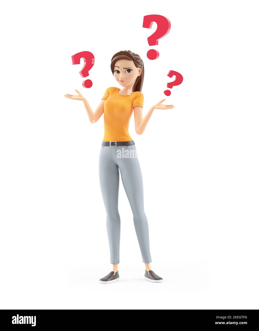 3d woman with several questions, illustration isolated on white ...