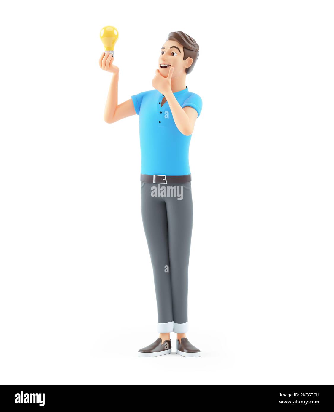 3d man looking at light bulb, illustration isolated on white background ...