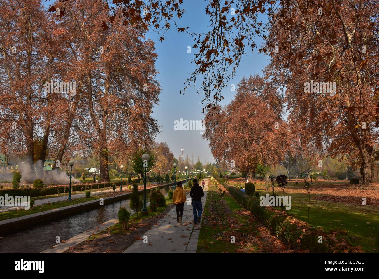 Verinag, India. 12th Nov, 2022. Visitors walk inside the garden on an ...