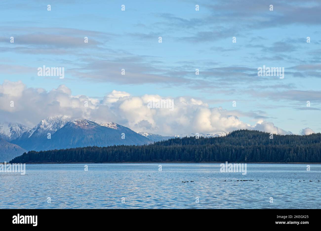 Ocean with a view of an island and mountains with a floating flock of ...