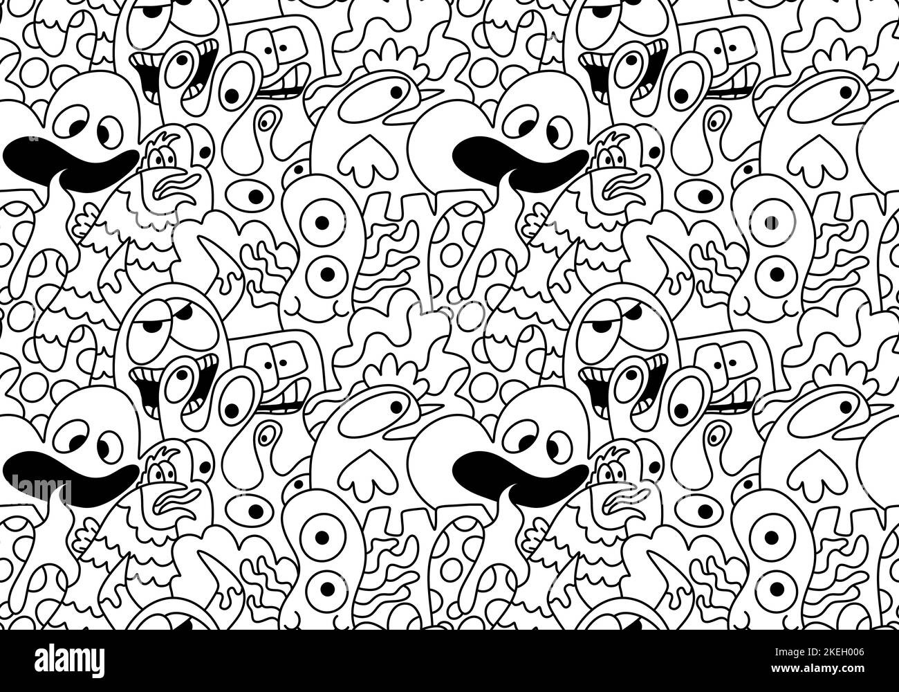 Cartoon doodle monsters seamless aliens and animals pattern for ...