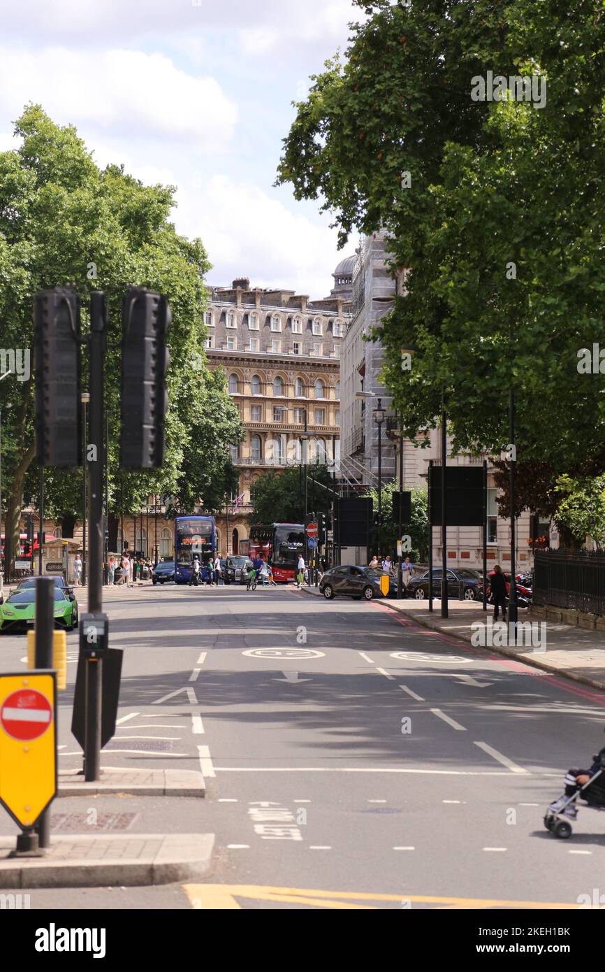 A vertical shot of the busy street in London, full of people, trees ...