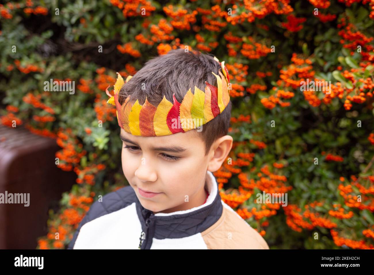 boy wearing a crown made of natural materials, color leaves late summer ...
