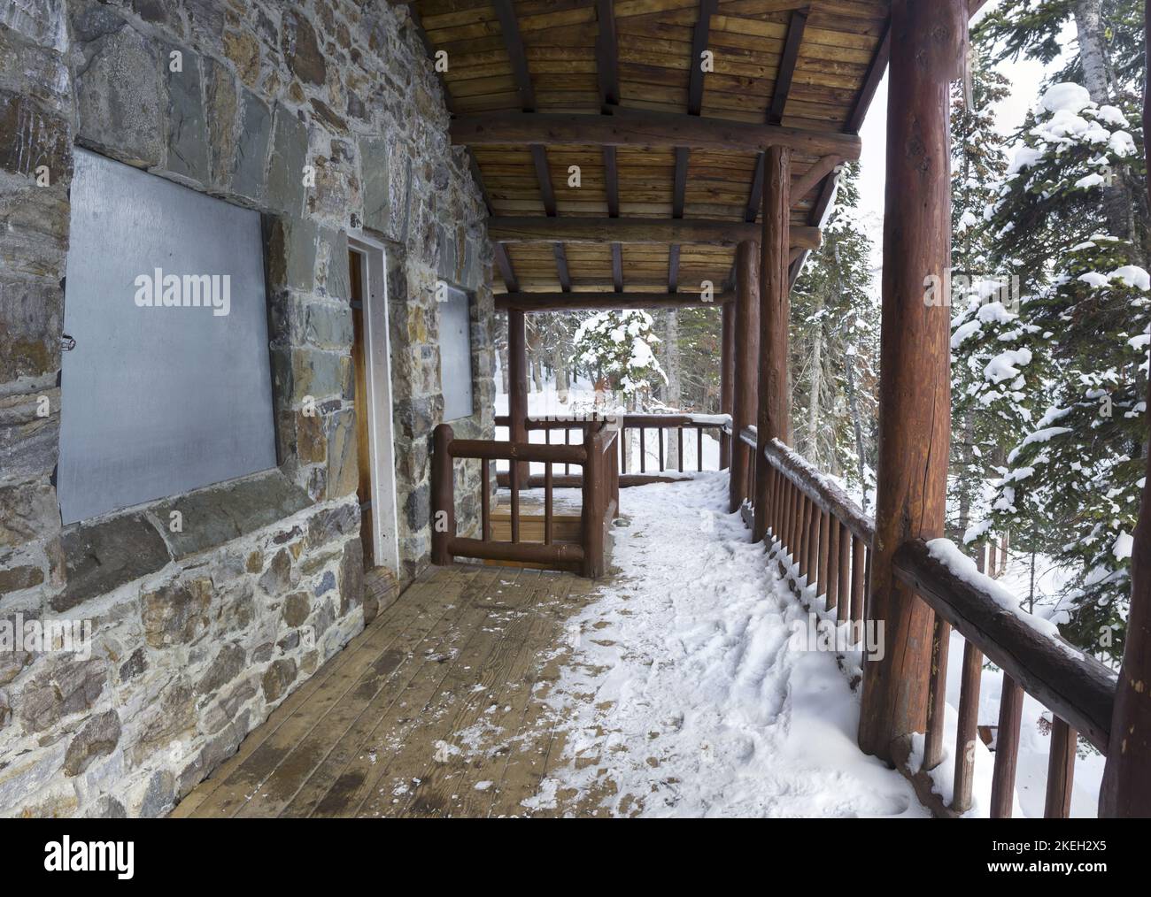 Vintage Snow Covered Alpine Teahouse Log Cabin Chalet Porch. Plain of ...