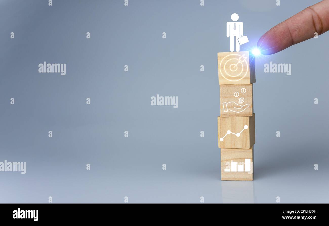 Hand pointing at one wood cube block with target icon . Concept of ...