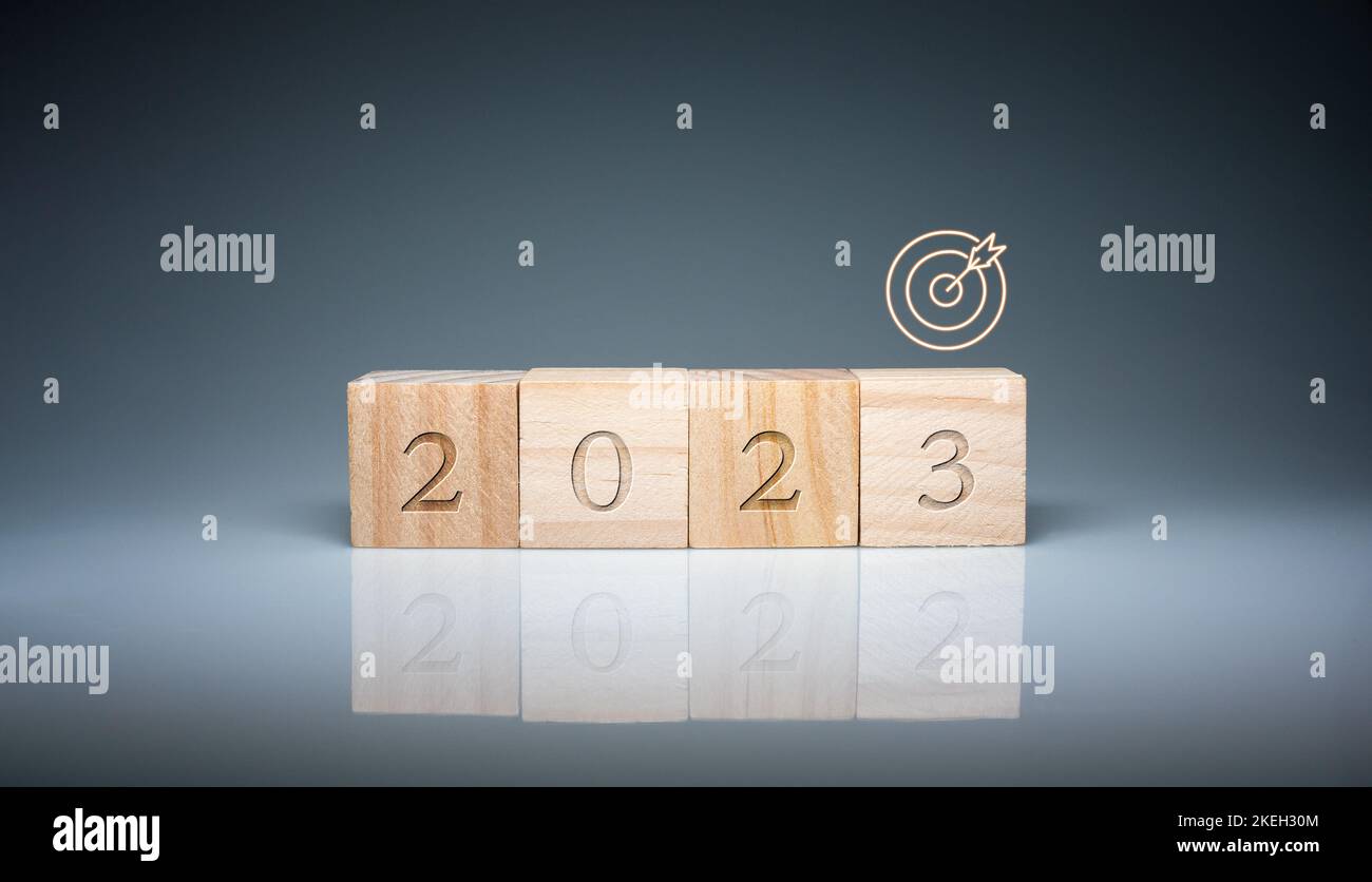 Wooden blocks lined up with the letters 2023. Represents the goal ...