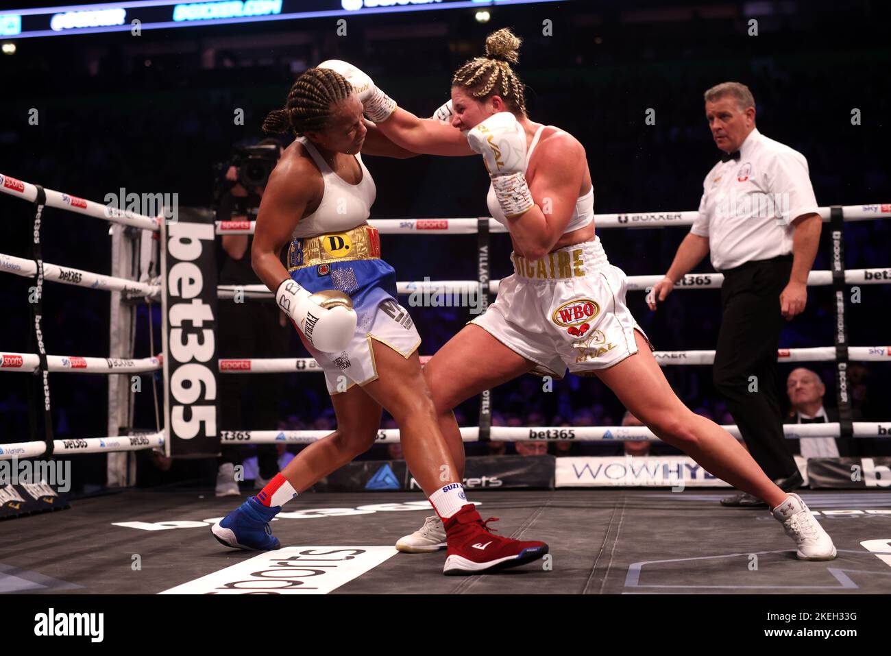 Natasha Jones (left) in action against Marie-Eve Dicaire in the IBF, WBC and WBO super welter ...
