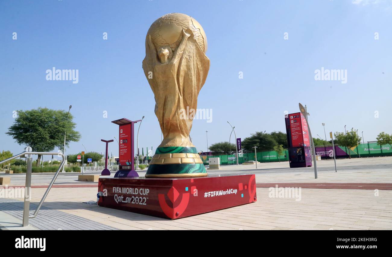 Doha, Qatar. 12th Nov, 2022. A Replica of the FIFA Cup is placed at the ...